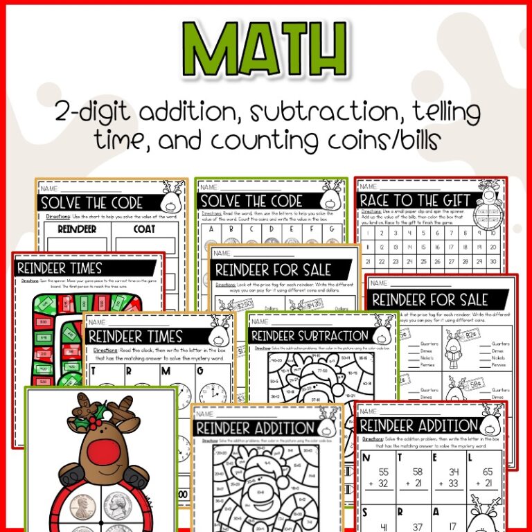 December Worksheets | Reindeer Math & Literacy Activities | 2nd -3rd ...
