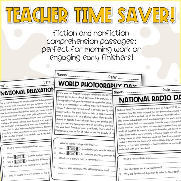 2nd & 3rd Grade August Reading Comprehension Worksheets